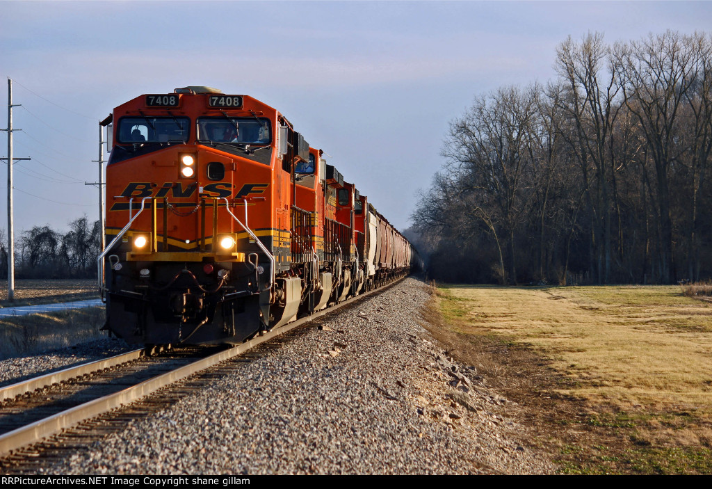 BNSF 7408 Gets ready to depart.